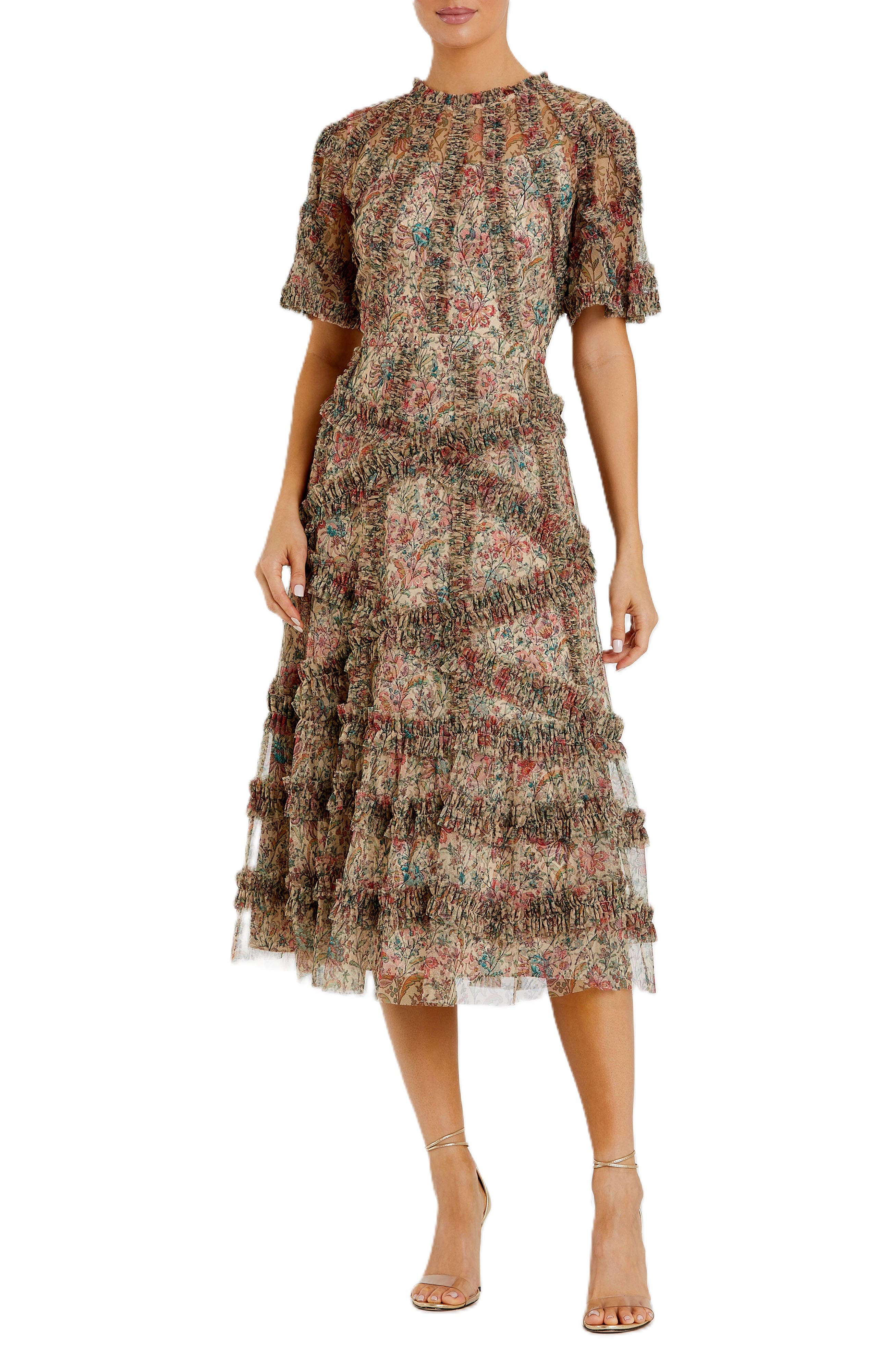Mac Duggal Floral Flutter Sleeve Mesh Print Dress | Nordstrom