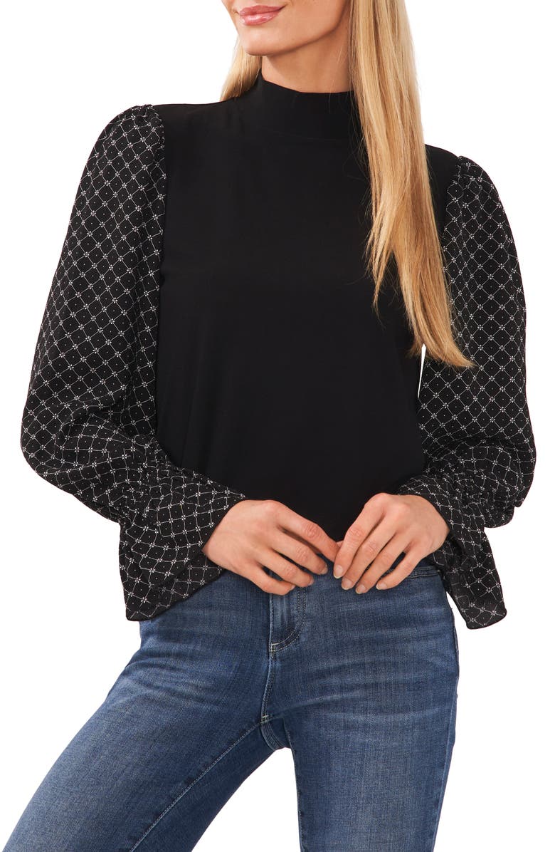 CeCe Floral Sleeve Mixed Media Knit Top | Nordstromrack