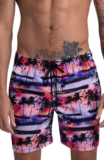 Bugatchi Tropical Sunset Print Swim Trunks | Nordstrom