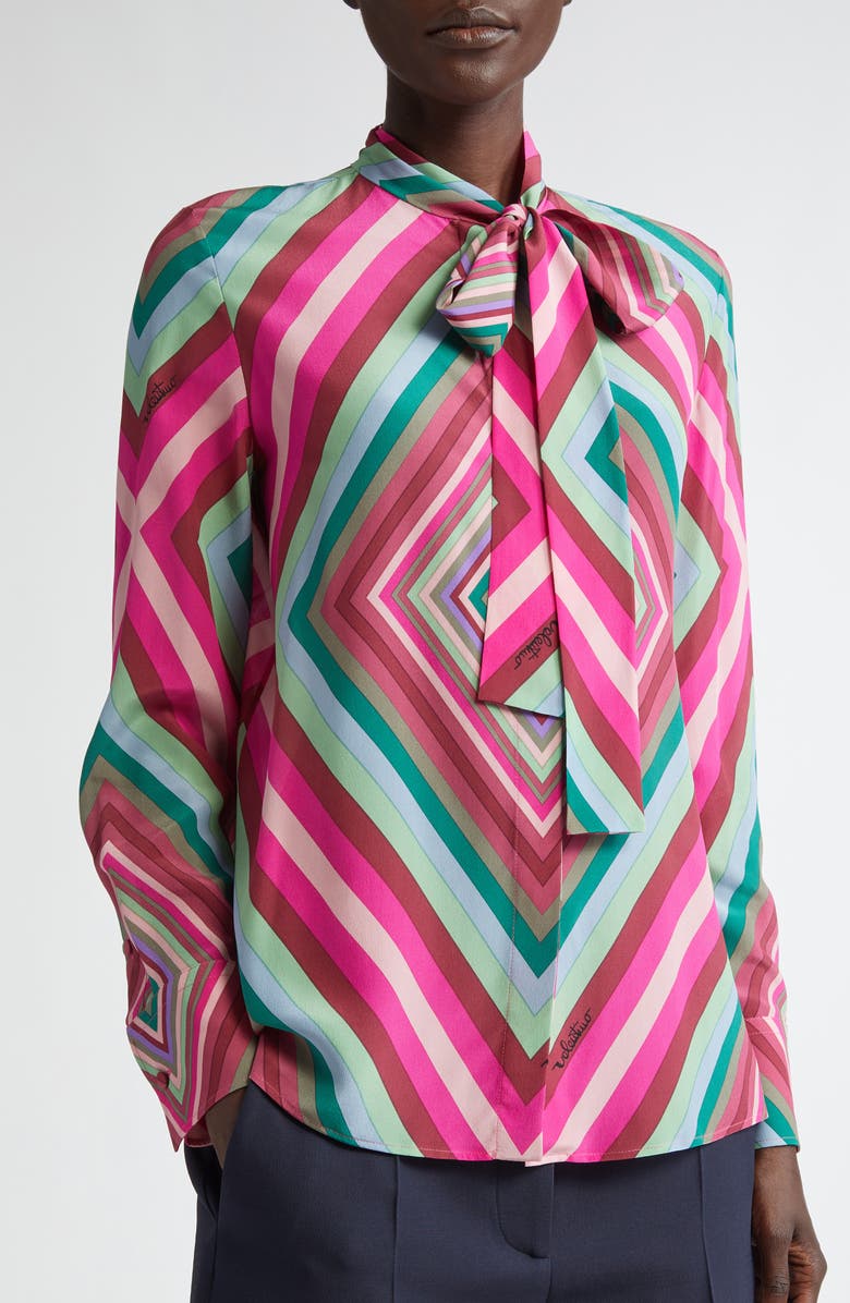 Valentino Garavani Diamond Print Tie Neck Silk Crêpe de Chine Button-Up ...