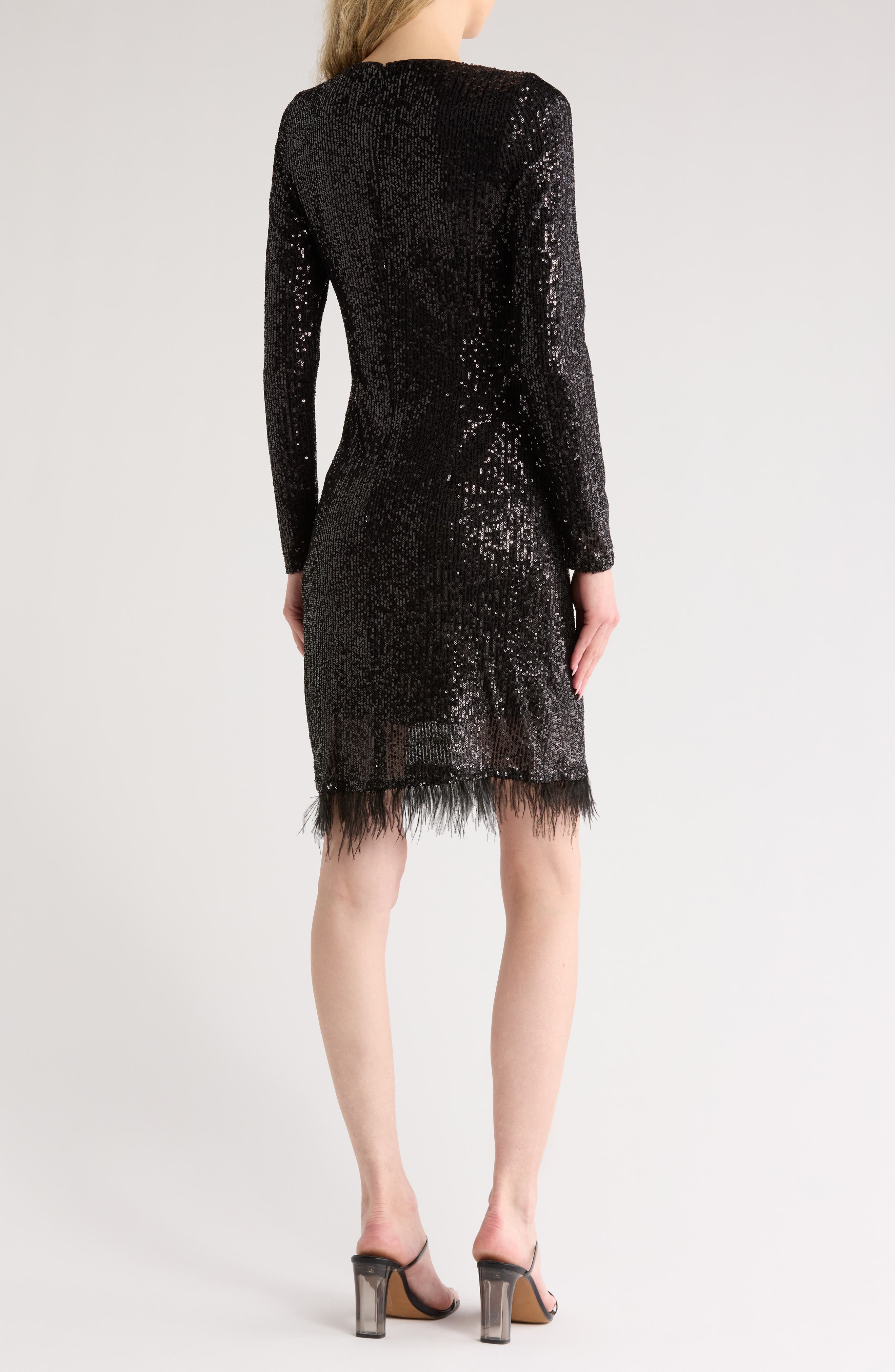 Nanette Lepore Sequined Feather Trim Long Sleeve Dress | Nordstromrack