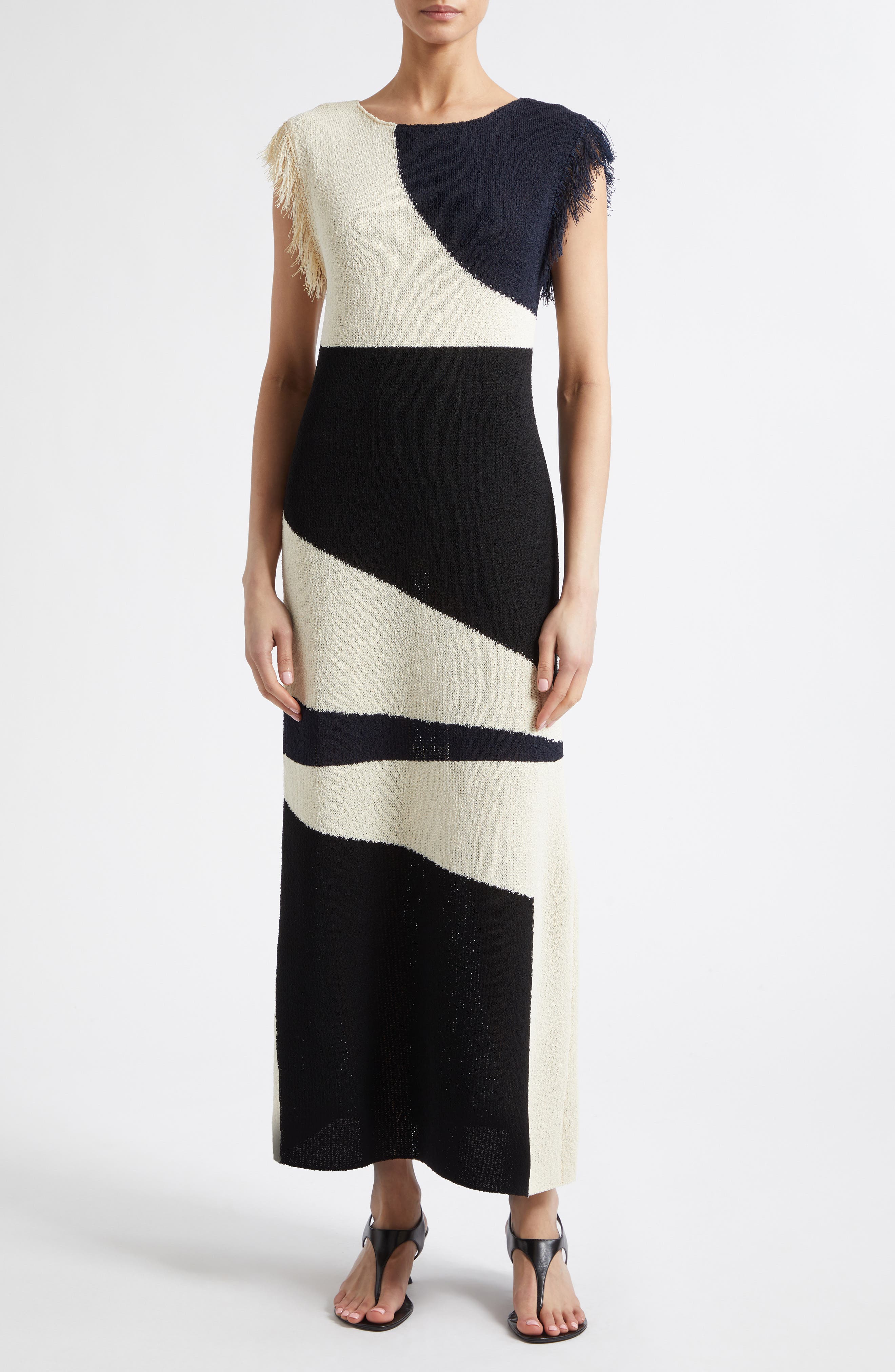 Proenza Schouler Saskia Colorblock Intarsia Textured Fringe Midi ...