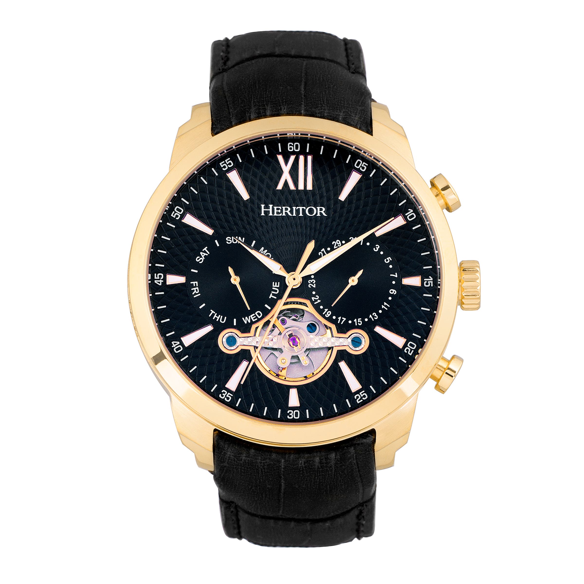Heritor Automatic Arthur Semi-Skeleton Leather-Band Watch w/ Day/Date ...