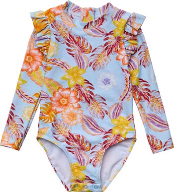 Snapper Rock Boho Tropical Ruffle Long Sleeve One-Piece Rashguard ...