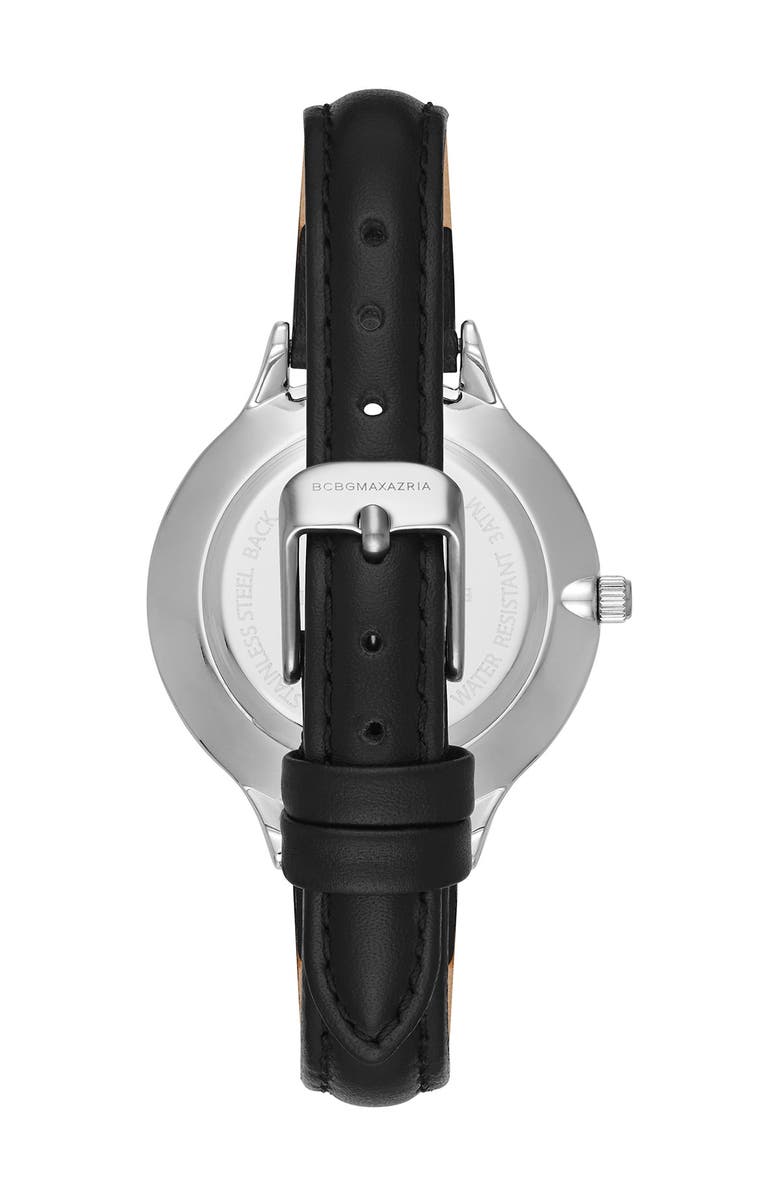 BCBGMAXAZRIA Silver Crystallized Dial Leather Watch, 33mm | Nordstromrack