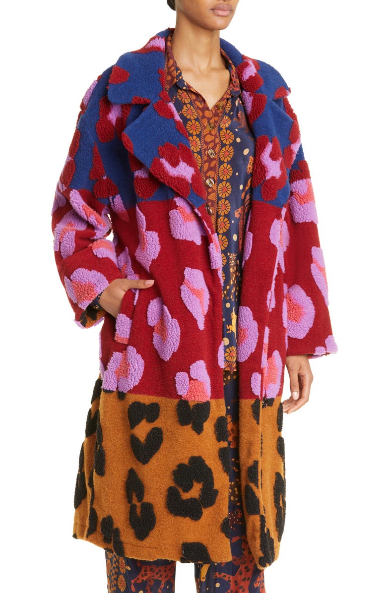 FARM Rio Mixed Leopard Spot Belted Fleece Coat | Nordstromrack