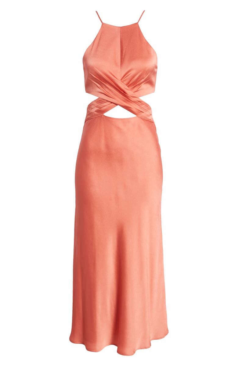 FLORET STUDIOS Halter Neck Twist Front Cutout Satin Dress | Nordstromrack