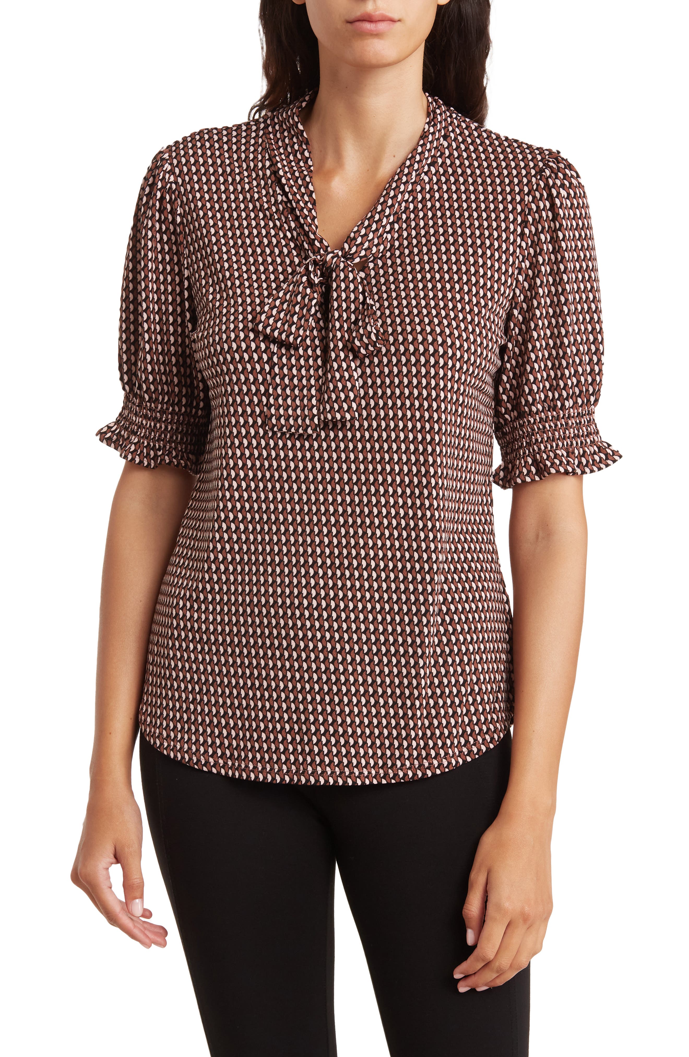 Adrianna Papell Ruffle Patterned Tie Neck Top | Nordstromrack