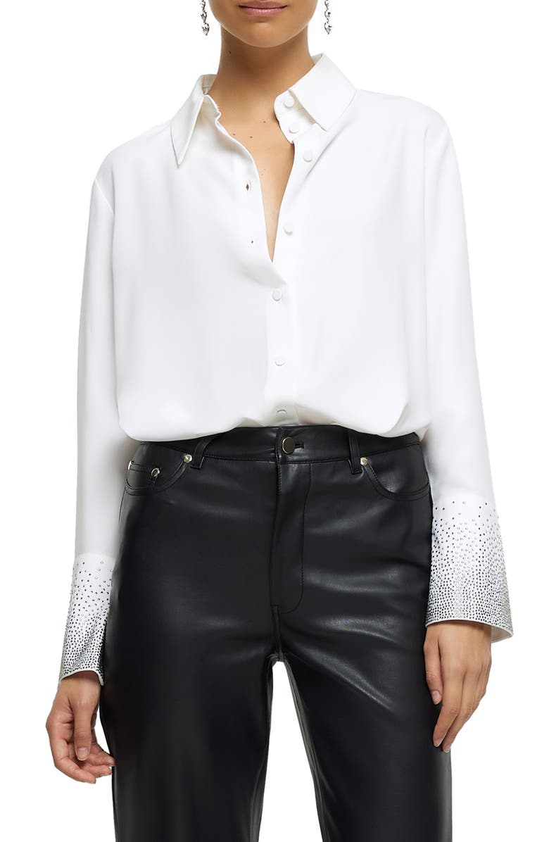 River Island Hotfix Crystal Cuff Satin Button-Up Shirt | Nordstromrack