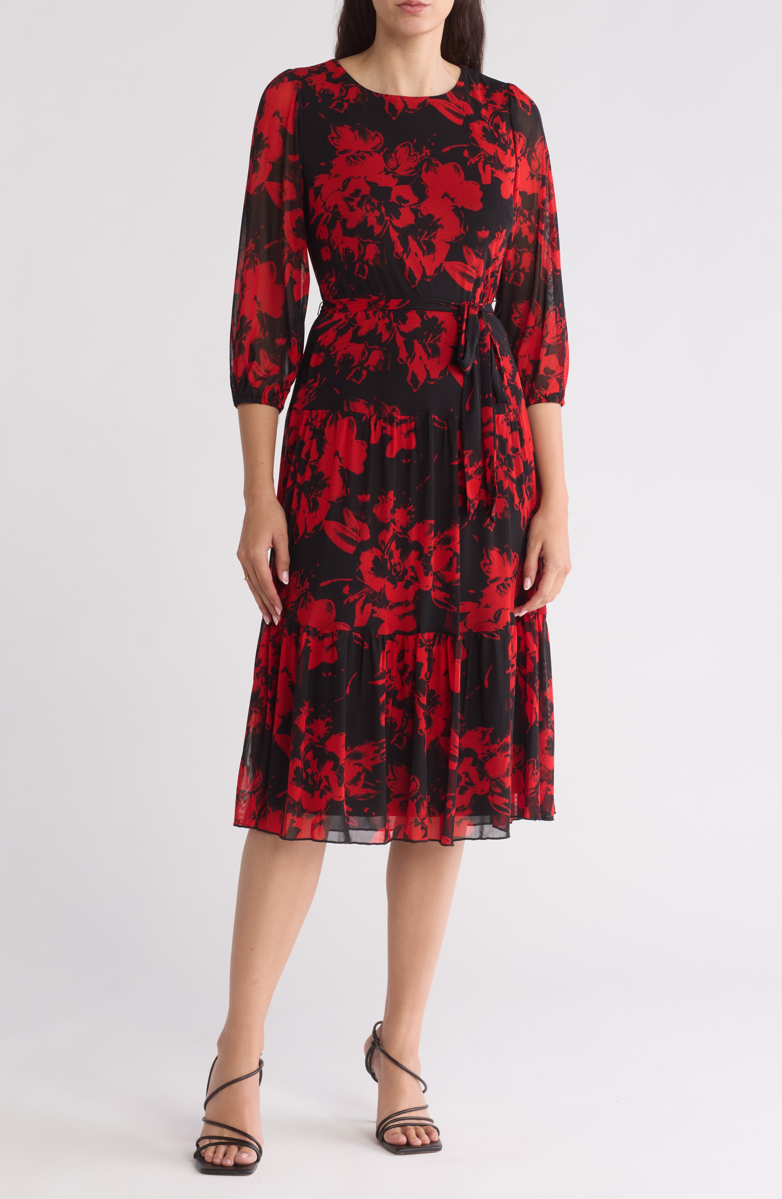 SANDRA DARREN Floral Tiered Mesh Midi Dress | Nordstromrack