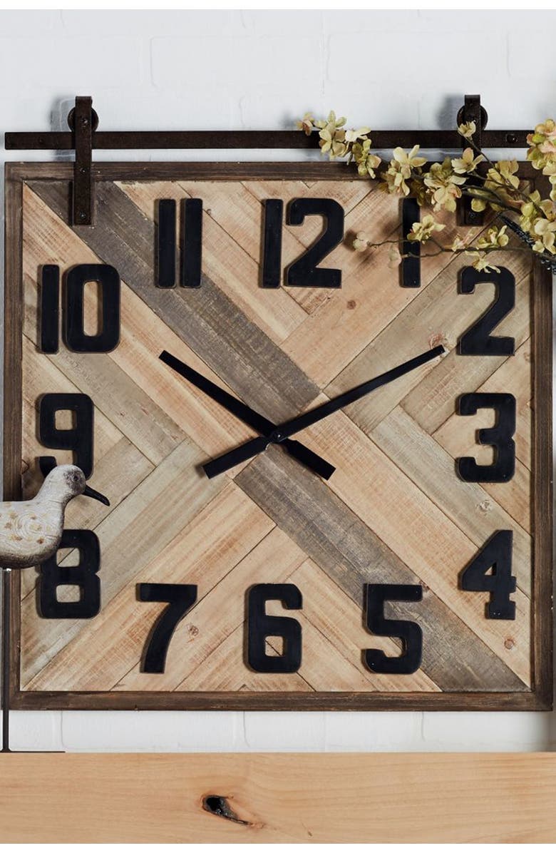 WILLOW ROW Brown Wood Sliding Barn Door Style Wall Clock | Nordstromrack