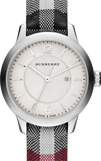 Burberry Check Stamped Leather Strap Watch, 32mm | Nordstrom