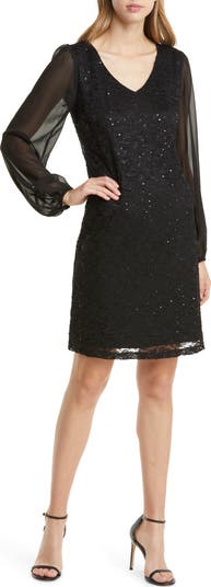 Connected Apparel Sequin Lace Chiffon Sleeve A-Line Dress | Nordstrom