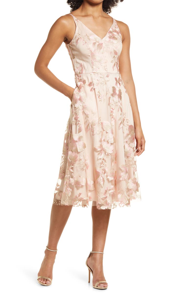 Vince Camuto Floral Emboridered Mesh Midi Dress | Nordstromrack