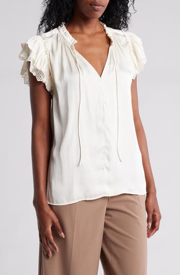 RAIN Split Tie Neck Short Eyelet Sleeve Blouse | Nordstromrack