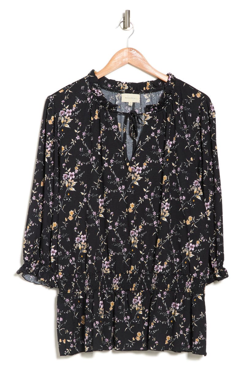 MELLODAY Tie Neck Three-Quarter Sleeve Floral Print Top | Nordstromrack