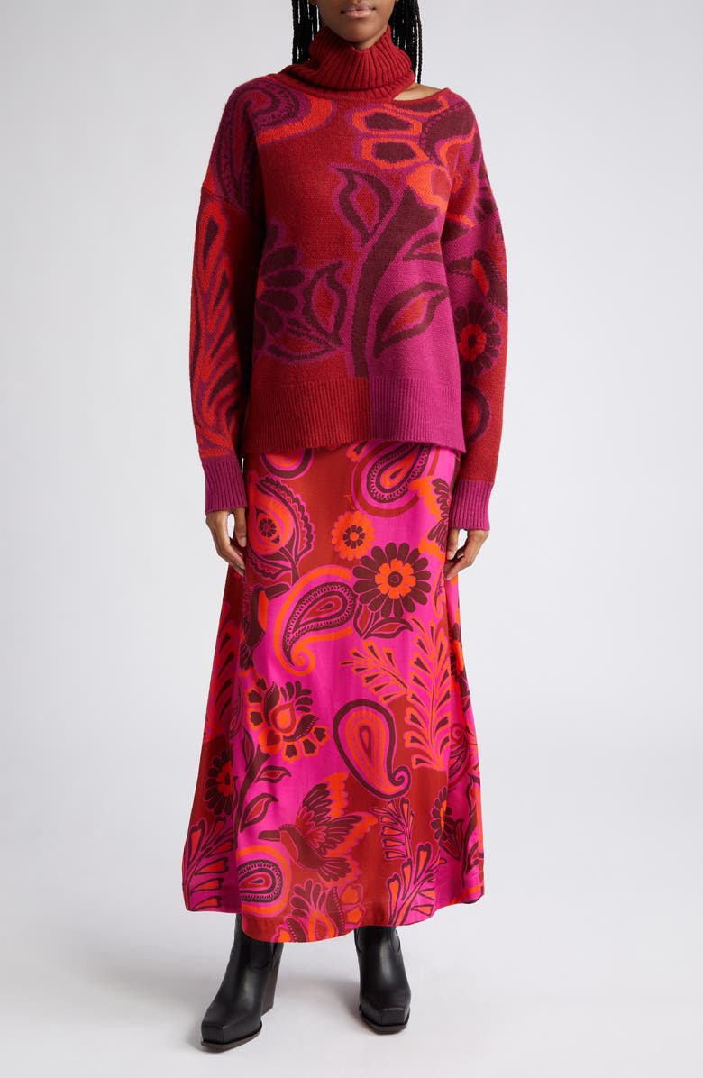 FARM Rio Floral Pattern Cutout Turtleneck Sweater | Nordstromrack