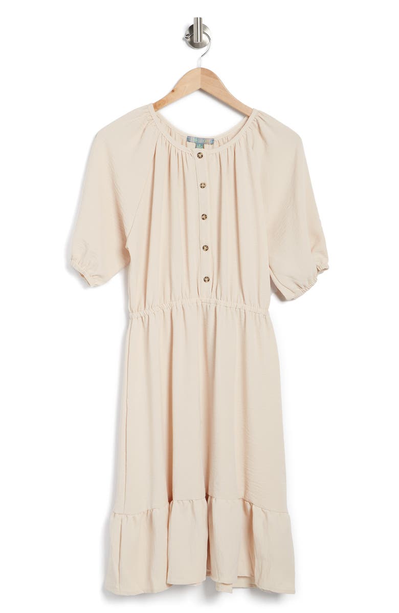 Good Luck Gem Shirred Puff Sleeve Button Front Placket Midi Dress ...