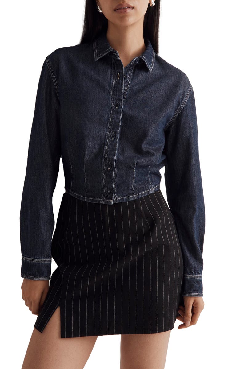 Madewell Denim Pleated Crop Button-Up Shirt | Nordstrom