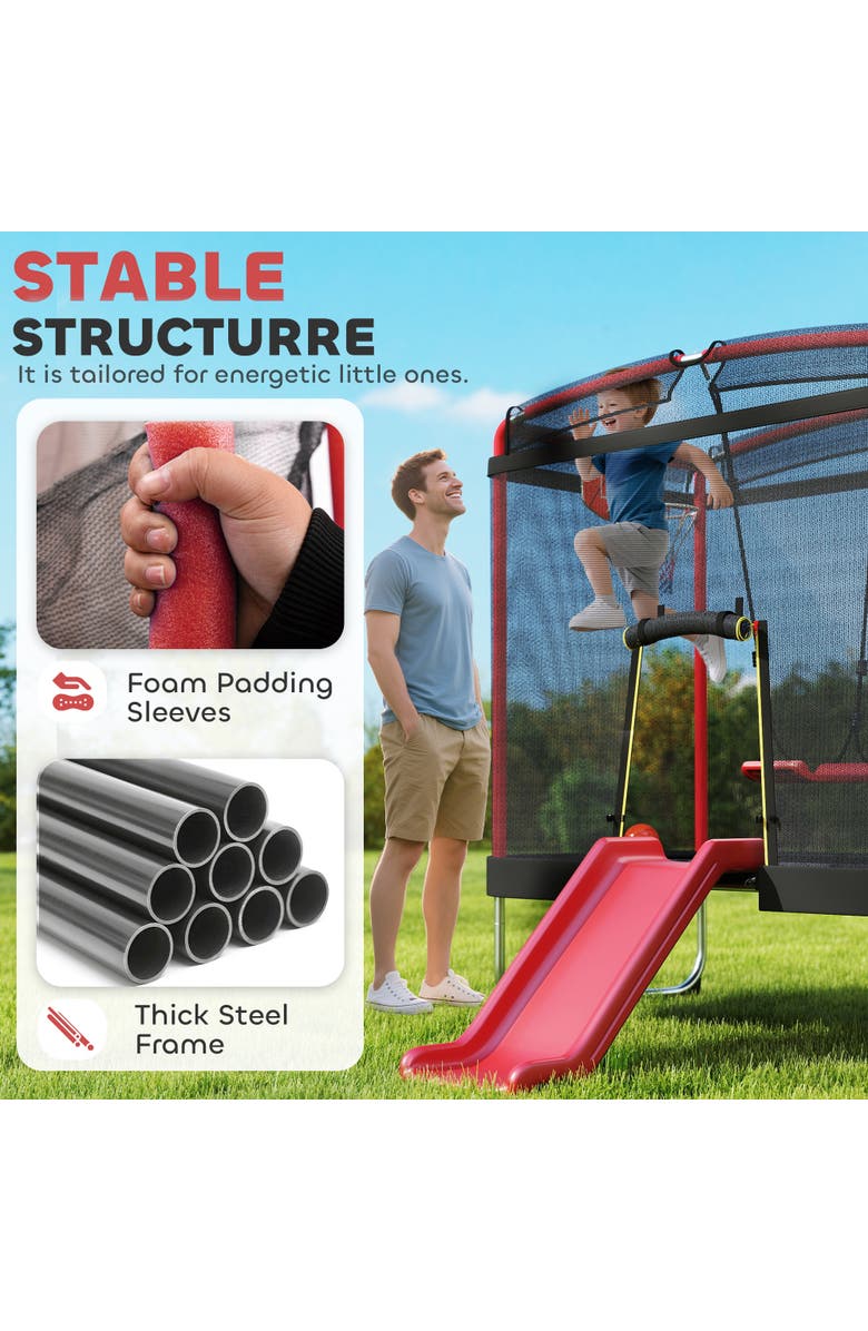 Qaba Kids Trampoline with Slide, Swing, Basketball Hoop and Safety ...