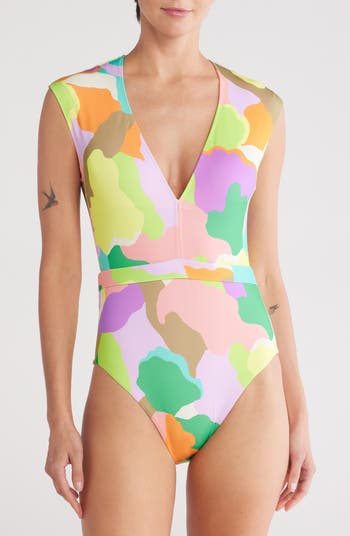 Sanctuary Cap Sleeve Plunge One Piece Swimsuit