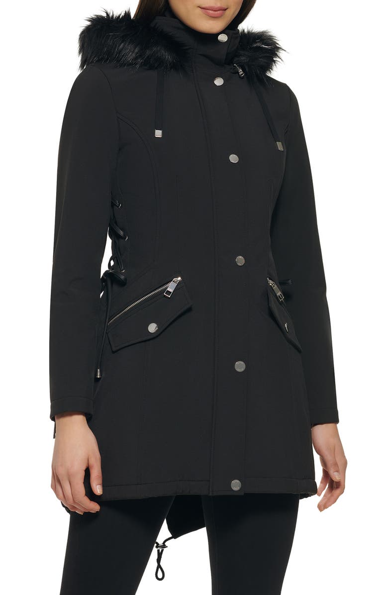 GUESS Faux Fur Trim Hooded Lace-Up Side Softshell Jacket | Nordstromrack