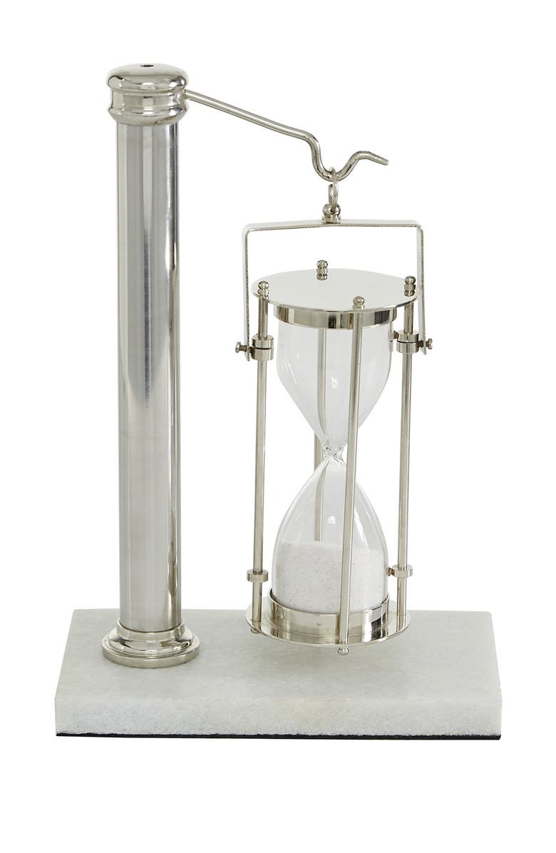 WILLOW ROW Silver Brass Hanging Sand Timer on Rectangular White Marble ...