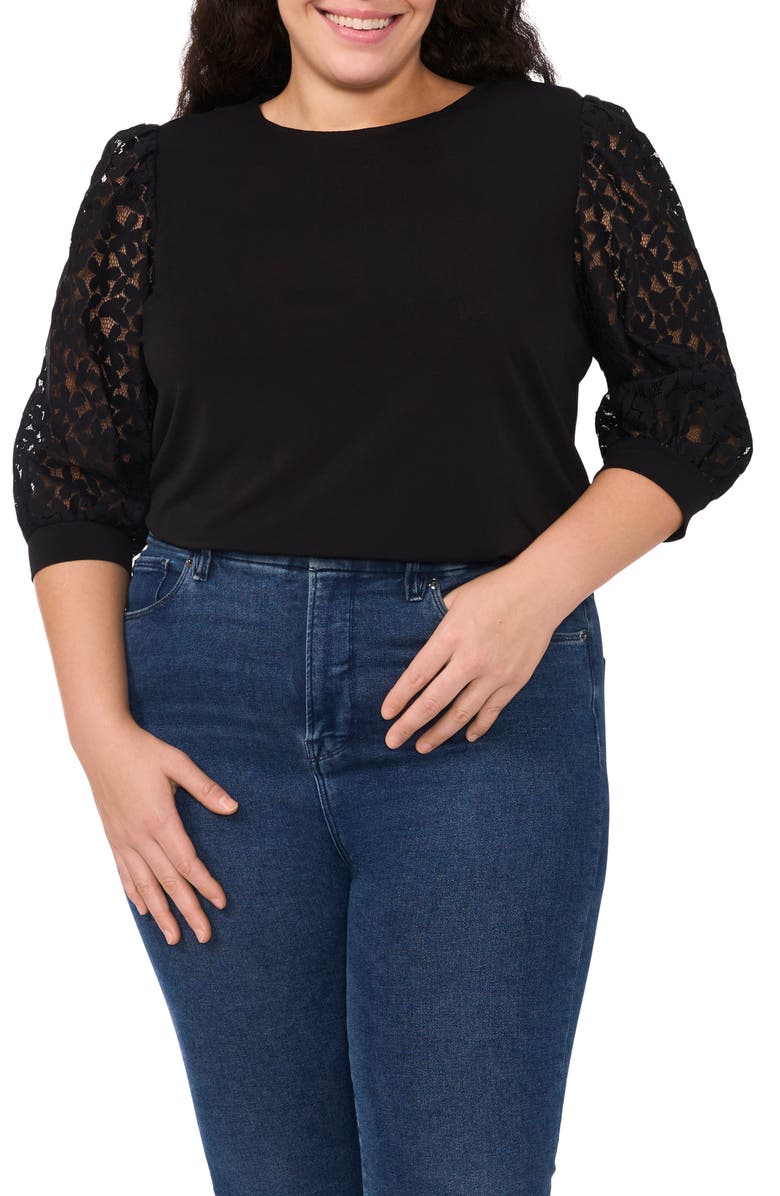 CeCe Mixed Media Lace Sleeve Knit Top | Nordstromrack