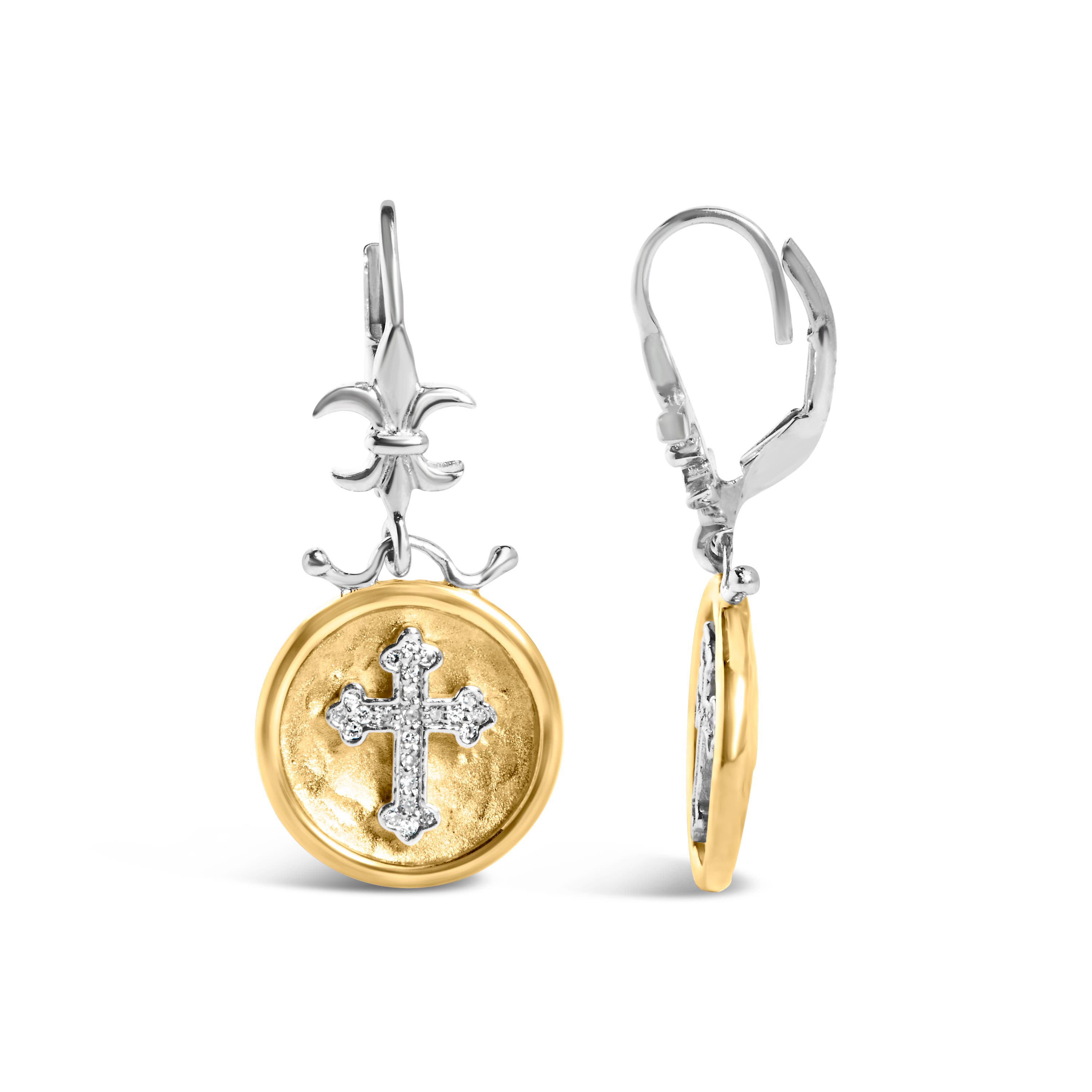 18K Yellow Gold Plated Silver 1/8 Ct Diamond Medallion Cross Dangle ...