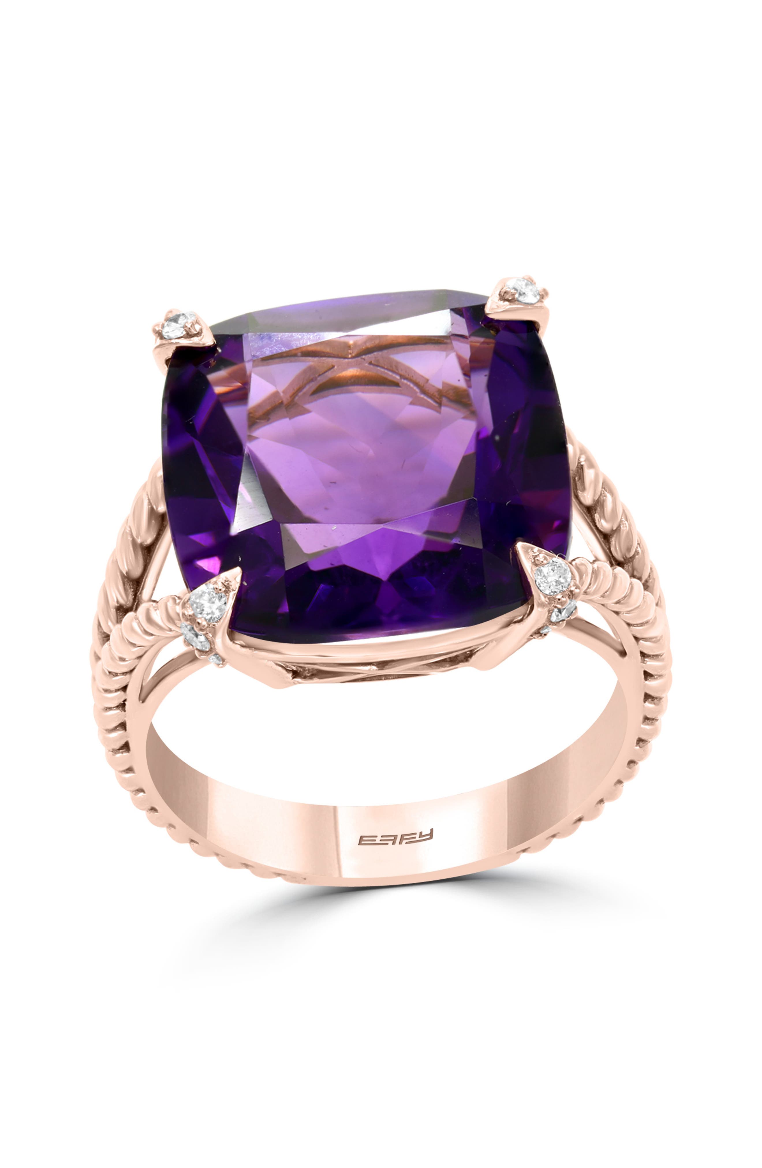 EFFY 14K Rose Gold Cushion Cut Amethyst & Diamond Ring - Size 7 ...