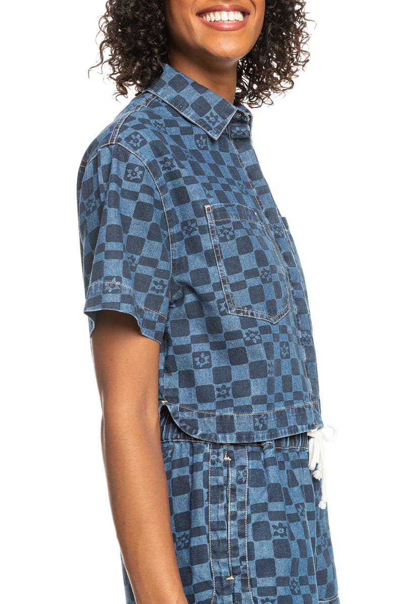 Roxy Blue Wave Print Cotton Denim Crop Shirt | Nordstromrack