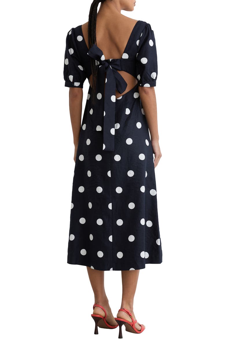 Reiss Astrid Polka Dot Puff Sleeve Open Back Linen Midi Dress | Nordstrom