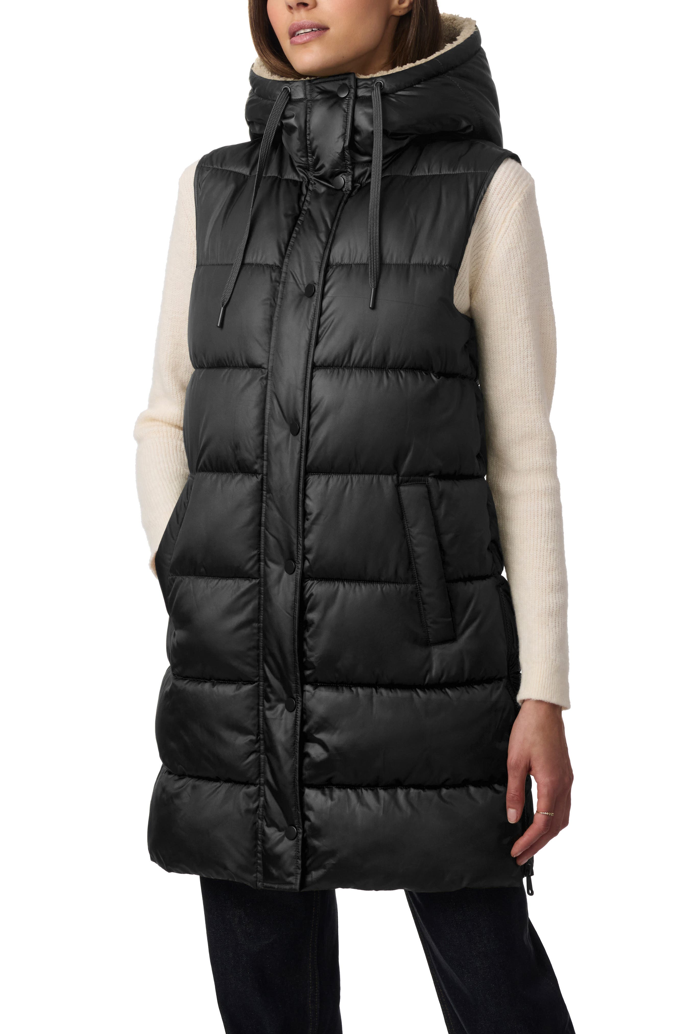 Bernardo Shiny Horizontal Quilted Hooded Recycled Polyester Puffer Vest ...