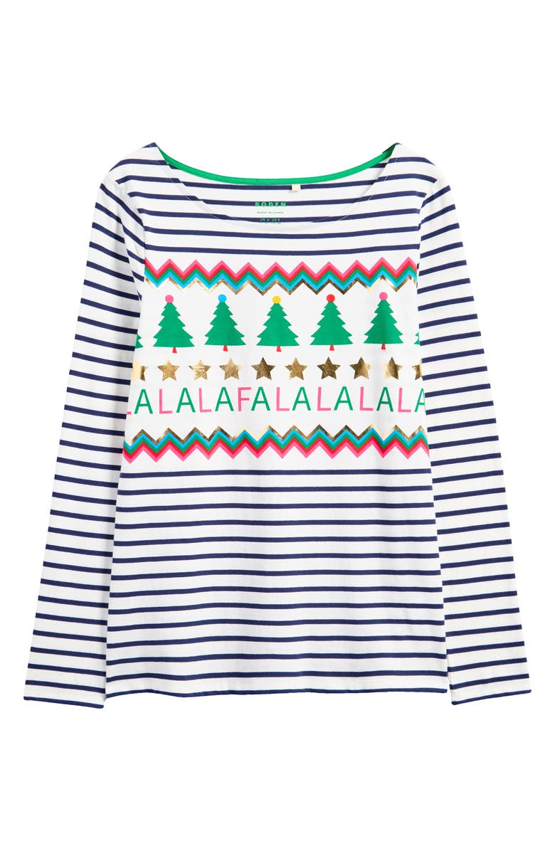 Boden Ella Breton Stripe Holiday Long Sleeve Cotton Graphic T-Shirt ...