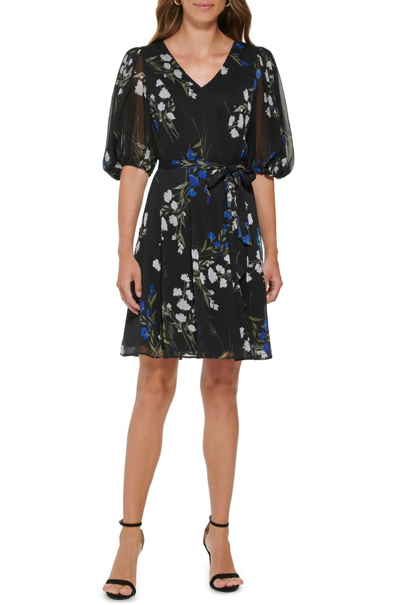 DKNY Floral Puff Sleeve Chiffon Fit & Flare Dress | Nordstromrack