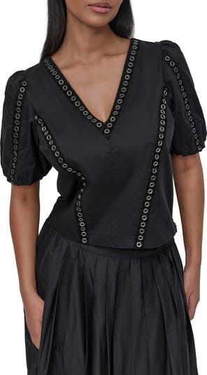 DKNY Puff Sleeve Grommet Detail Cotton Voile Shirt | Nordstromrack