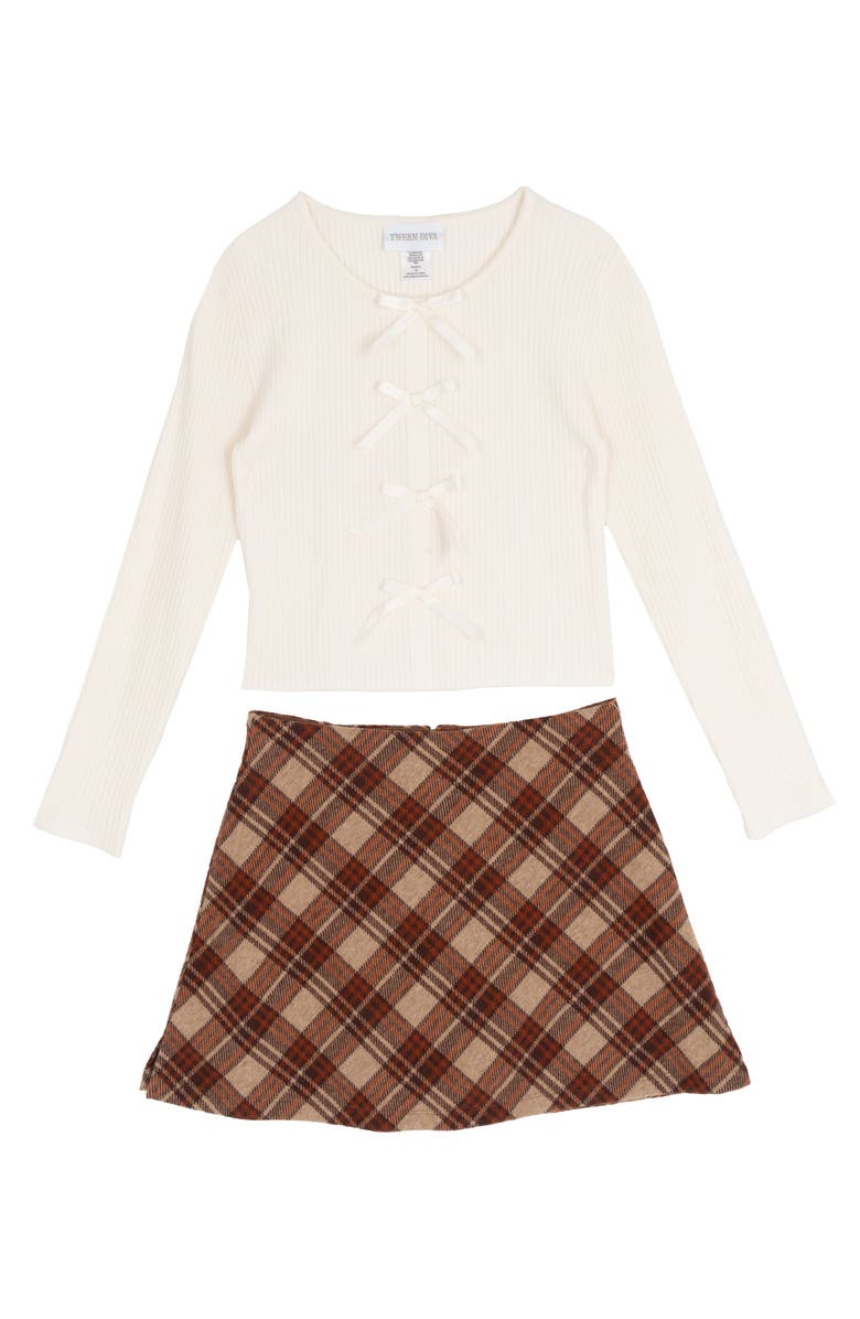 Tween Diva Kids' Bow Rib Knit Sweater & Plaid Skirt Set | Nordstromrack