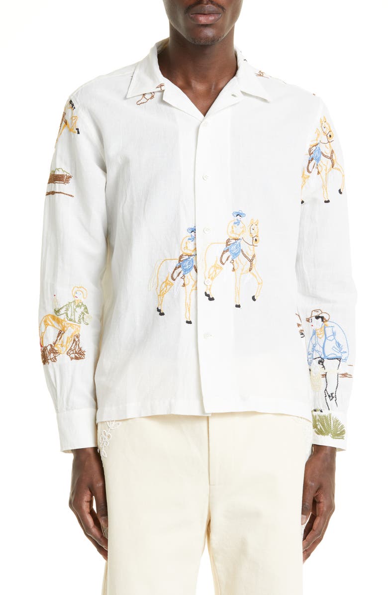 Bode Boxy Buckaroo Embroidered Long Sleeve Linen & Cotton Button-Up ...
