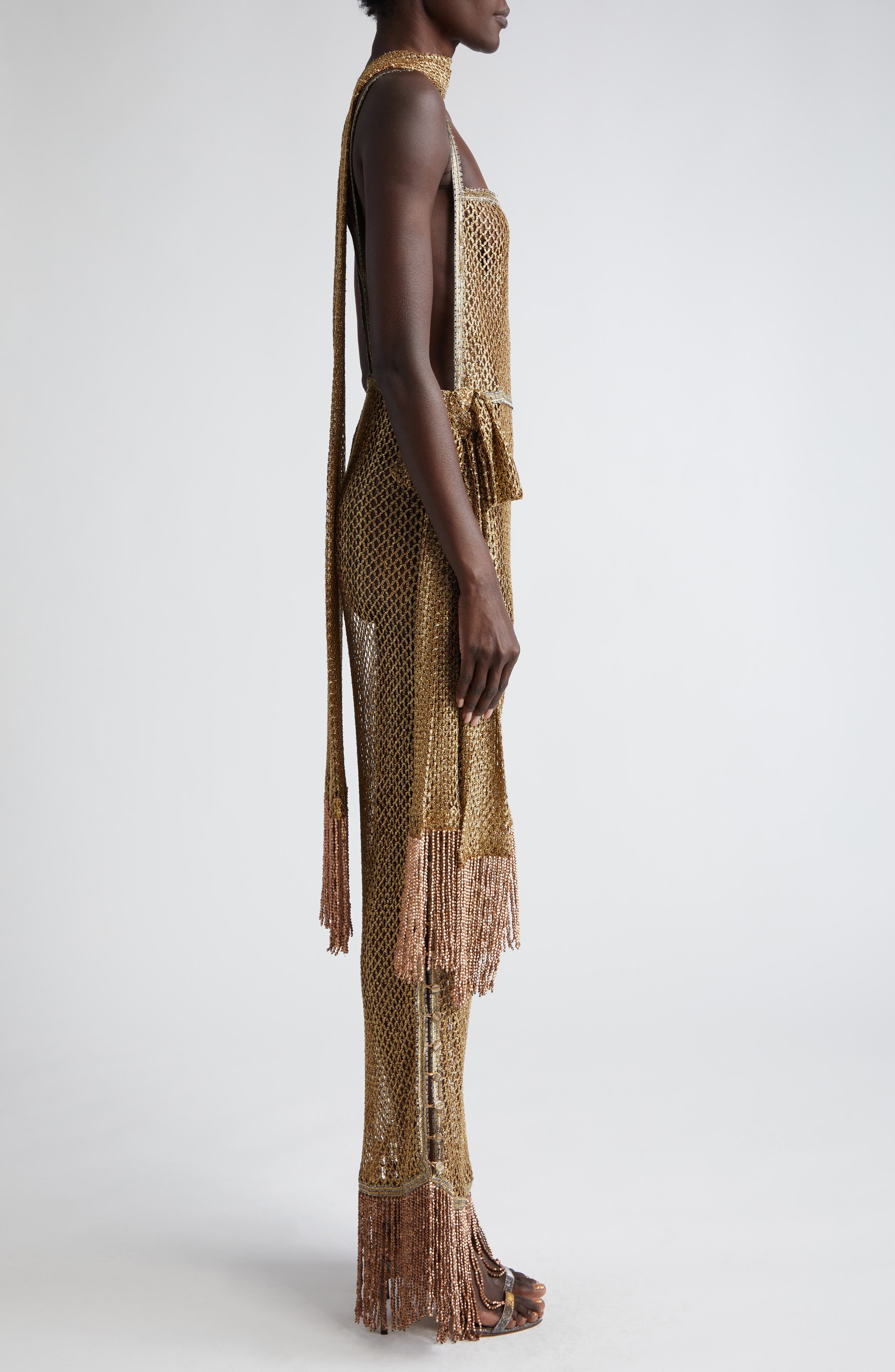 Bode Beaded Fringe Sheer Lamé Lace Maxi Dress | Nordstrom