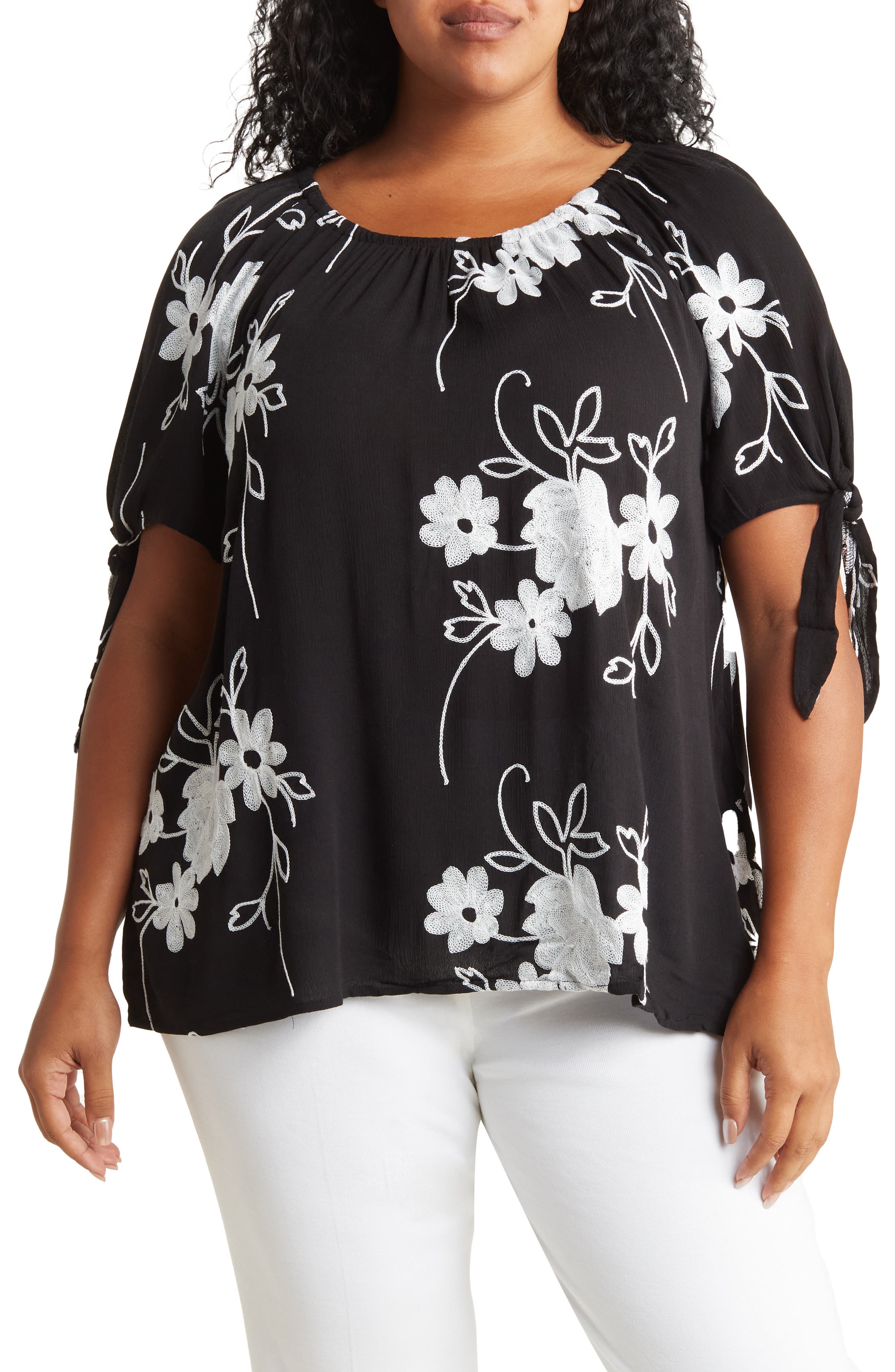 Forgotten Grace Floral Embroidered Tie Sleeve Blouse | Nordstromrack