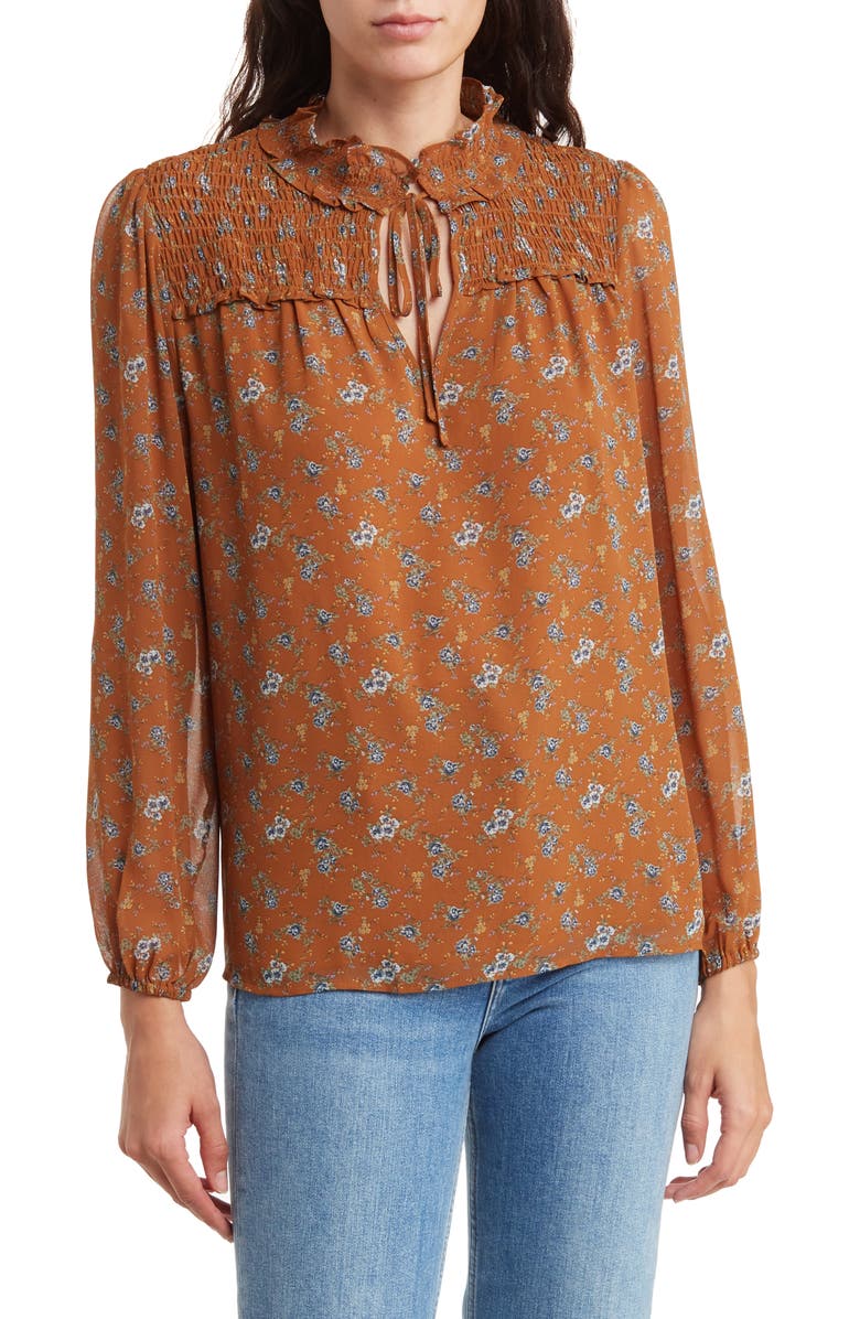 Pleione Smocked Tie Neck Blouse | Nordstromrack