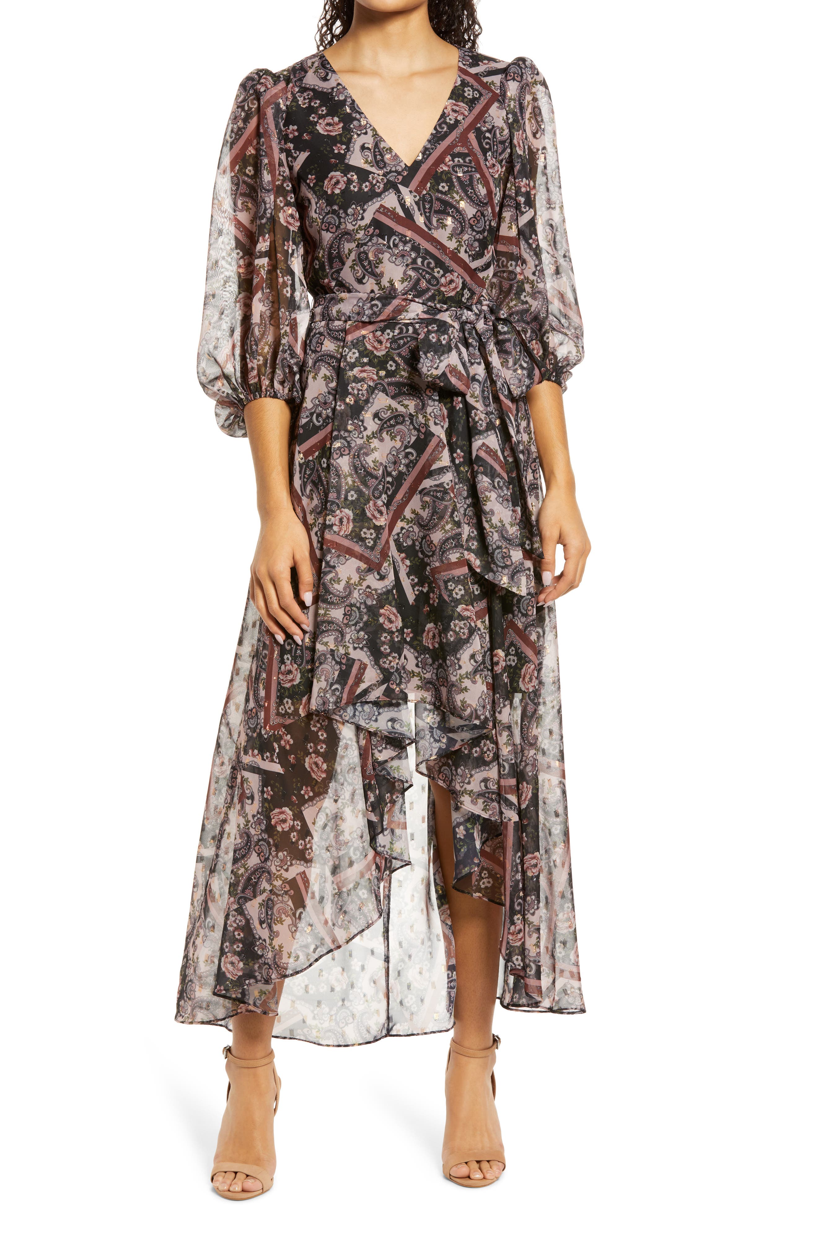 Eliza J Patchwork Print High-Low Faux Wrap Dress | Nordstromrack