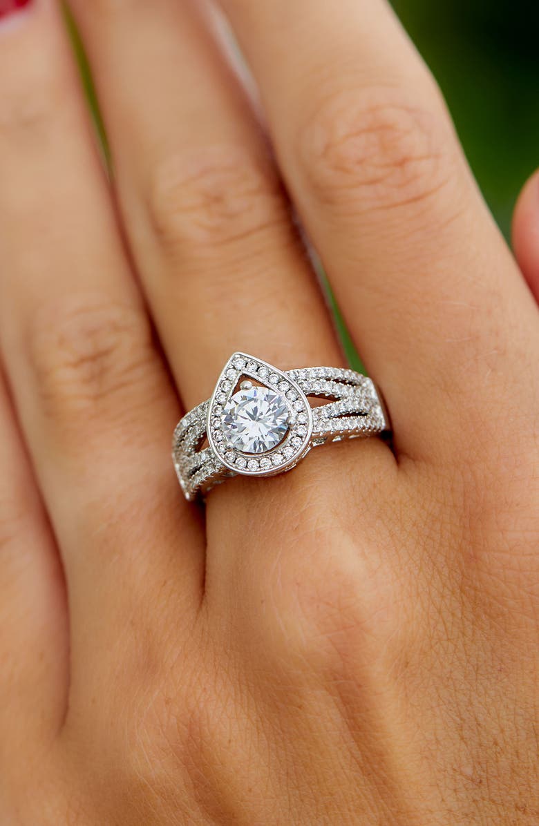 SAVVY CIE JEWELS Rhodium Plated Pear-Cut CZ Halo Statement Ring ...