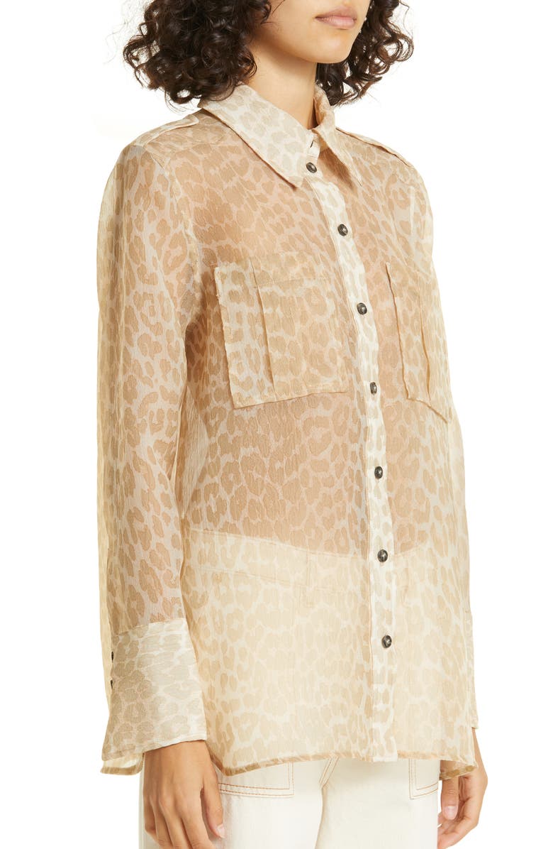 Ganni Leopard Print Sheer Button-Up Shirt | Nordstromrack