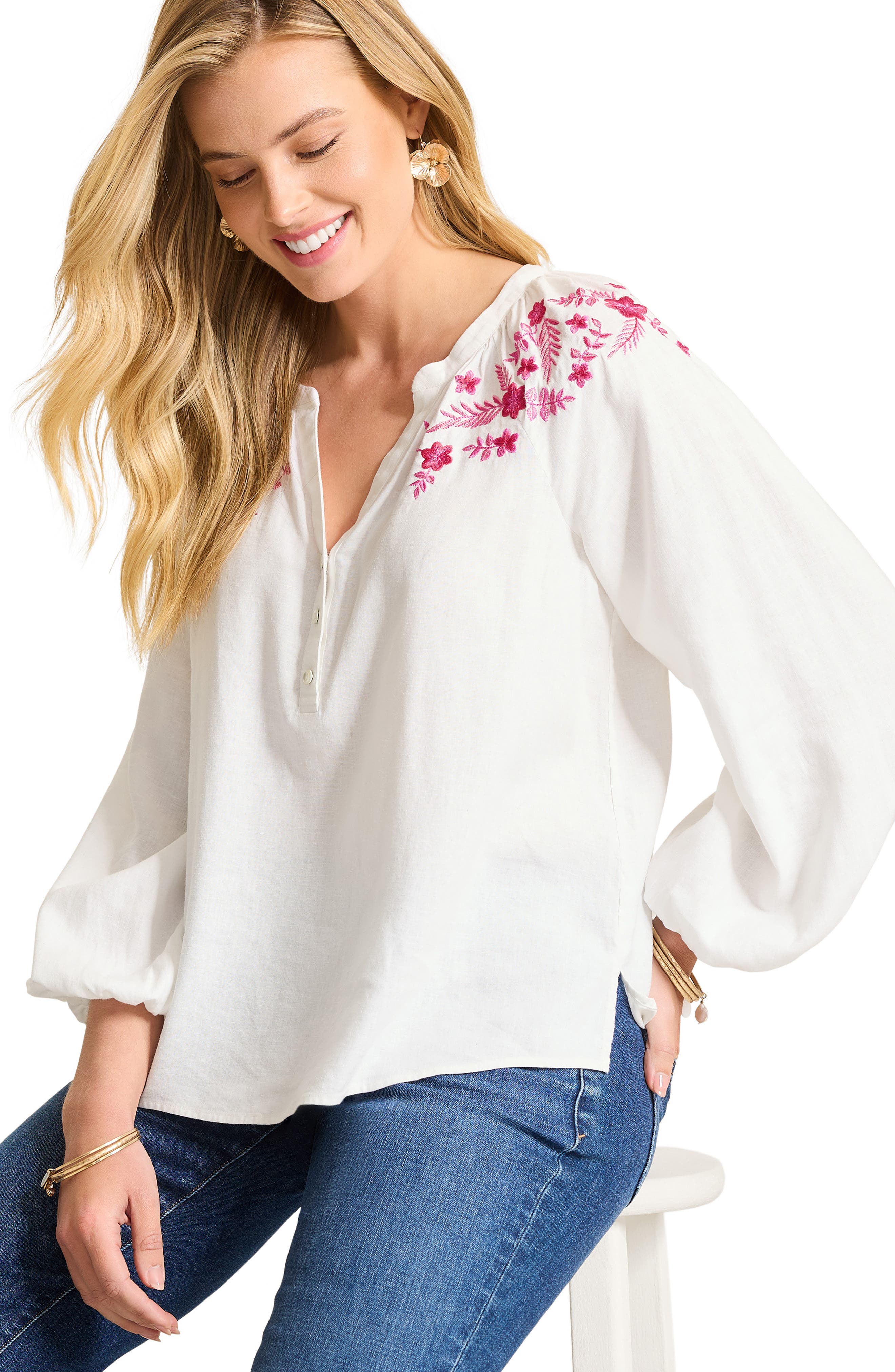 Tommy Bahama Coastal Tide Embroidered Linen Blend Peasant Top ...
