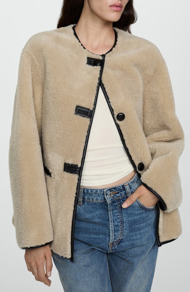 MANGO Contrast Faux Leather Trim Faux Fur Toggle Coat | Nordstromrack