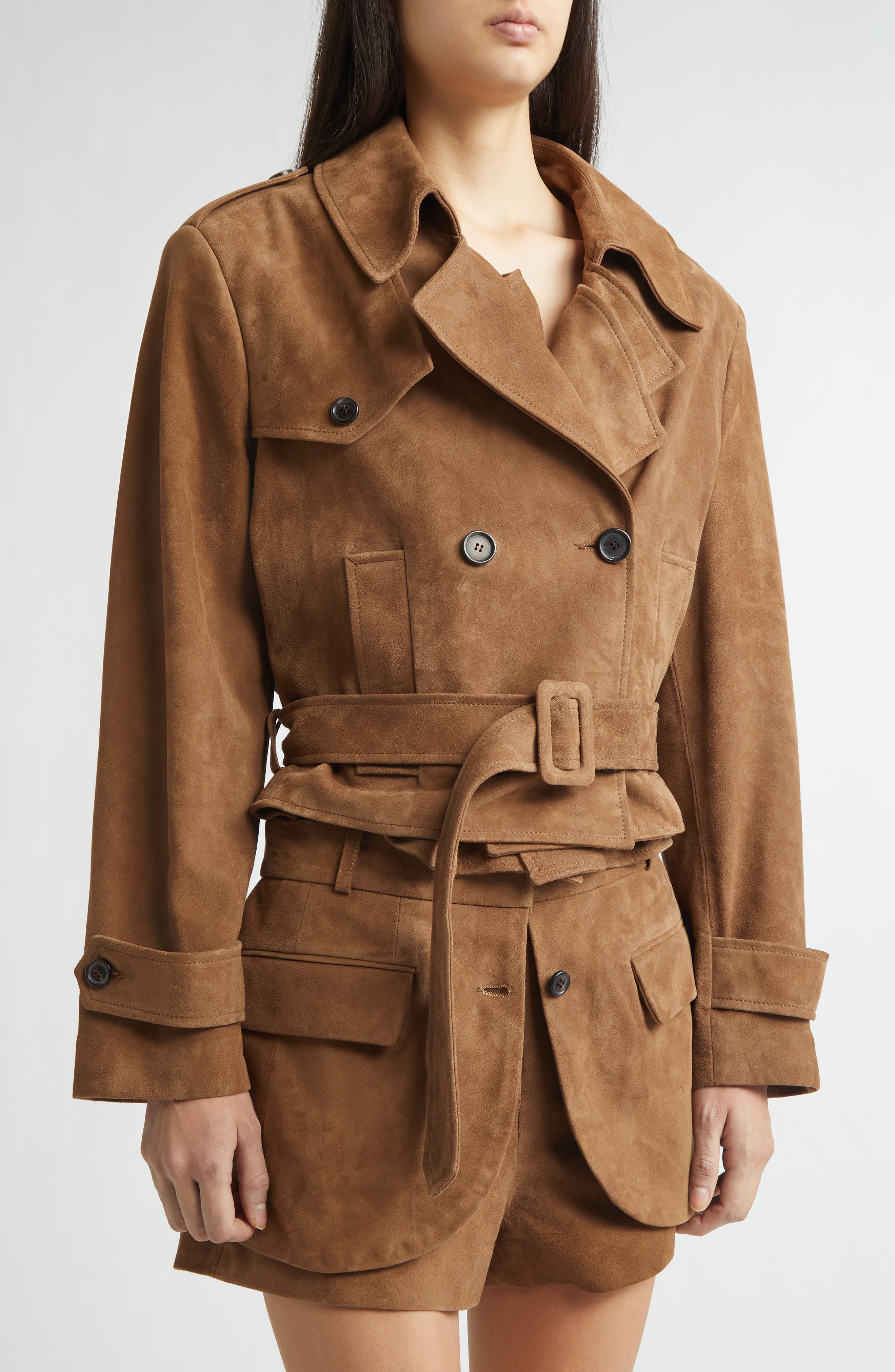 MONSE Layering Double Breasted Lambskin Suede Crop Trench Coat | Nordstrom