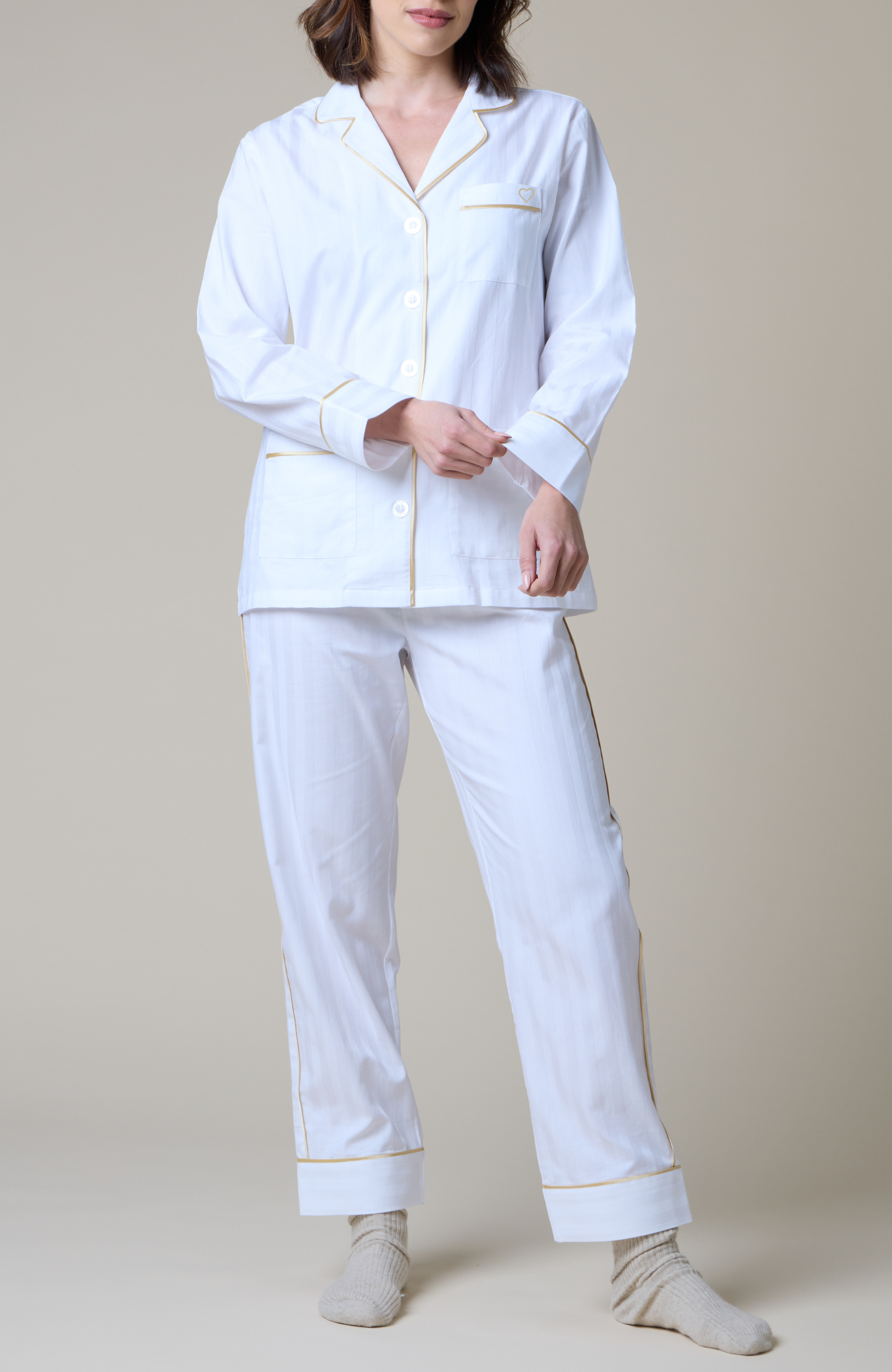KIP Heart Embroidered Cotton Long Pajama Set | Nordstrom