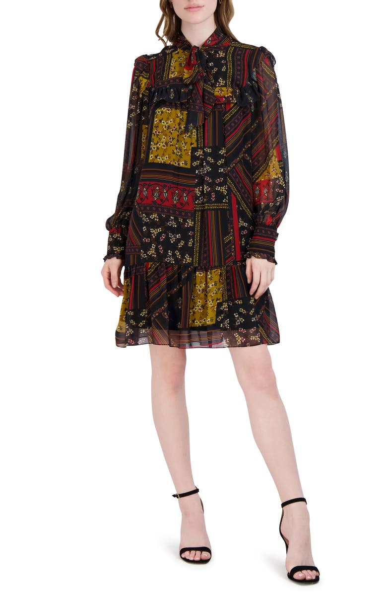 Julia Jordan Patchwork Tie Neck Long Sleeve Shift Dress | Nordstromrack