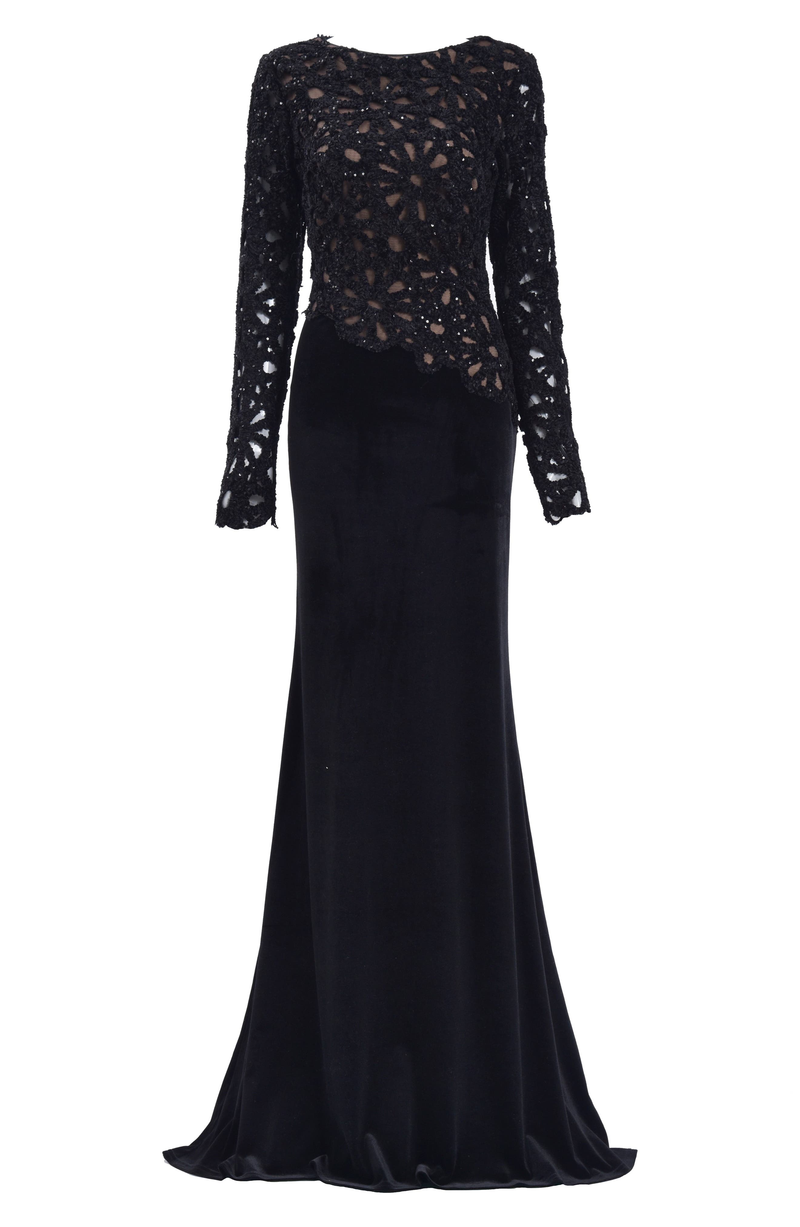 Tadashi Shoji Sequin Lace Bodice Long Sleeve Velvet Gown | Nordstrom